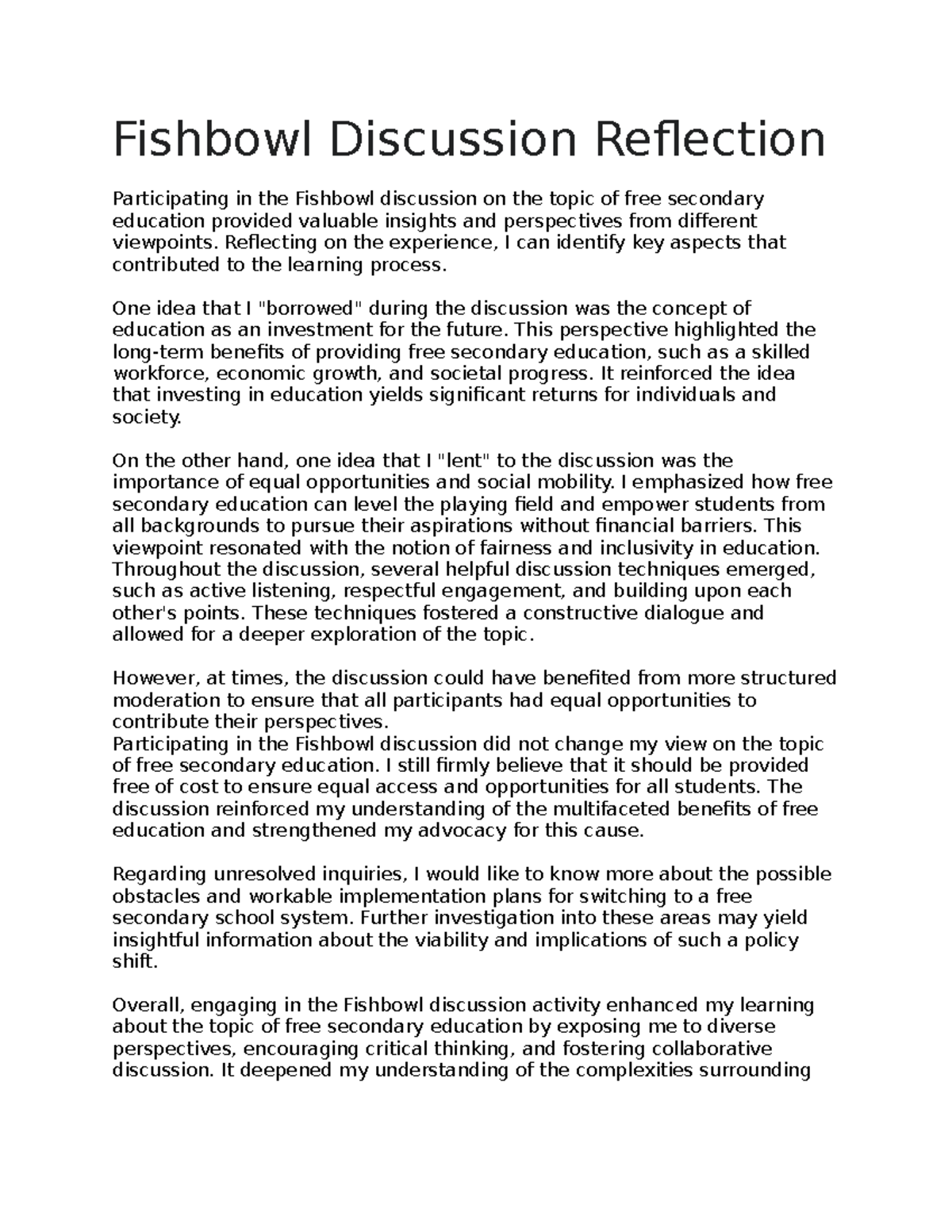 EDU 101: Reflection on Fishbowl Discussion about Free Secondary ...