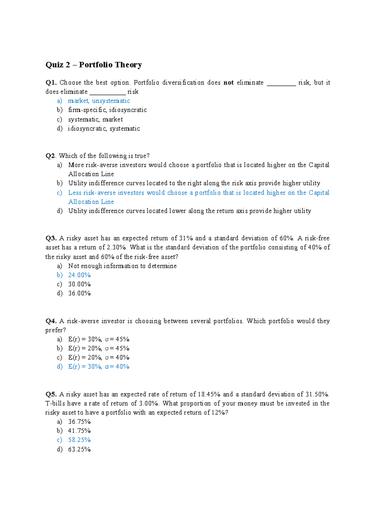 Quiz 2 - Portfolio Theory Questions and Answers - Studocu