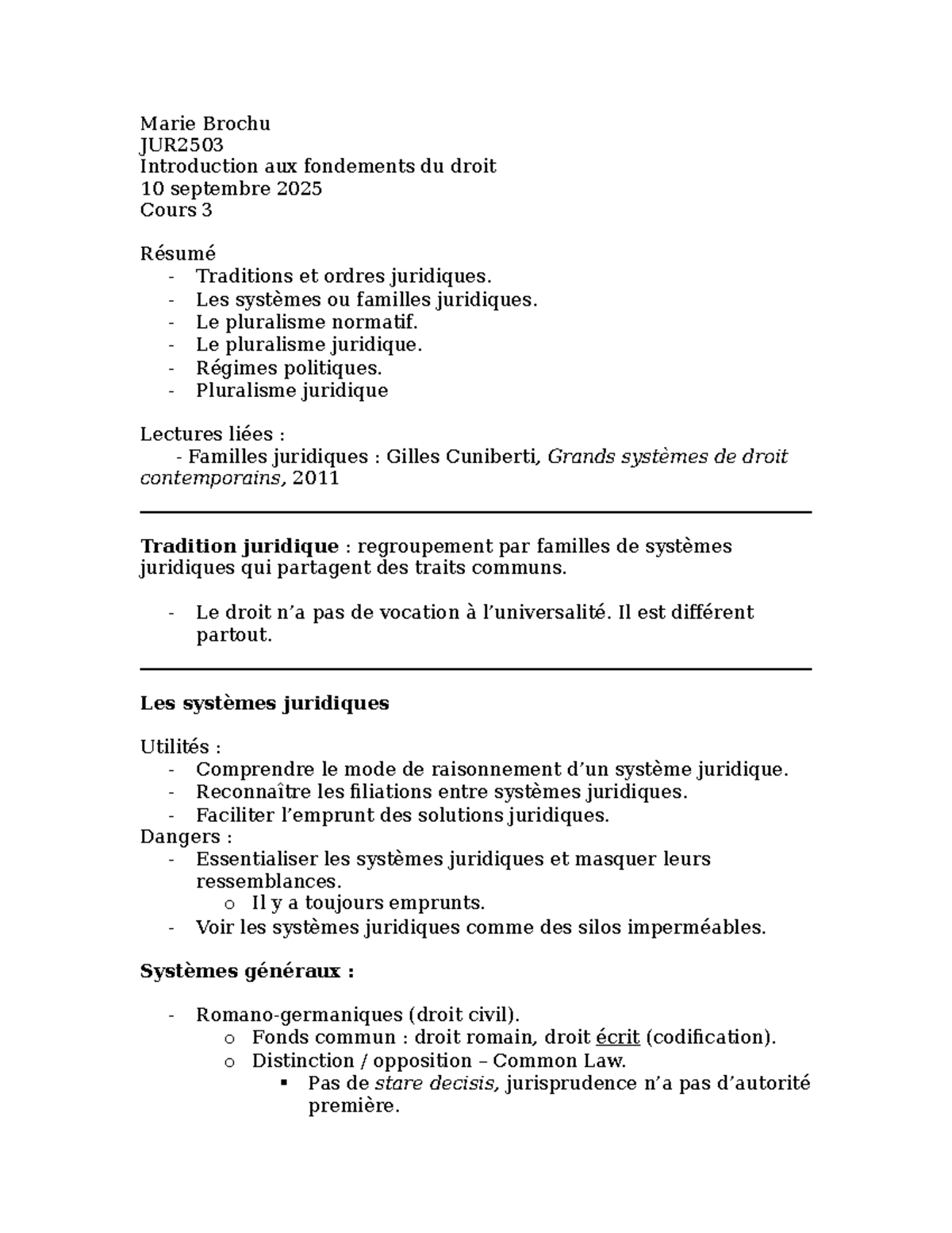 Résumé du Cours 3 - JUR2503 : Traditions et Ordres Juridiques - Studocu