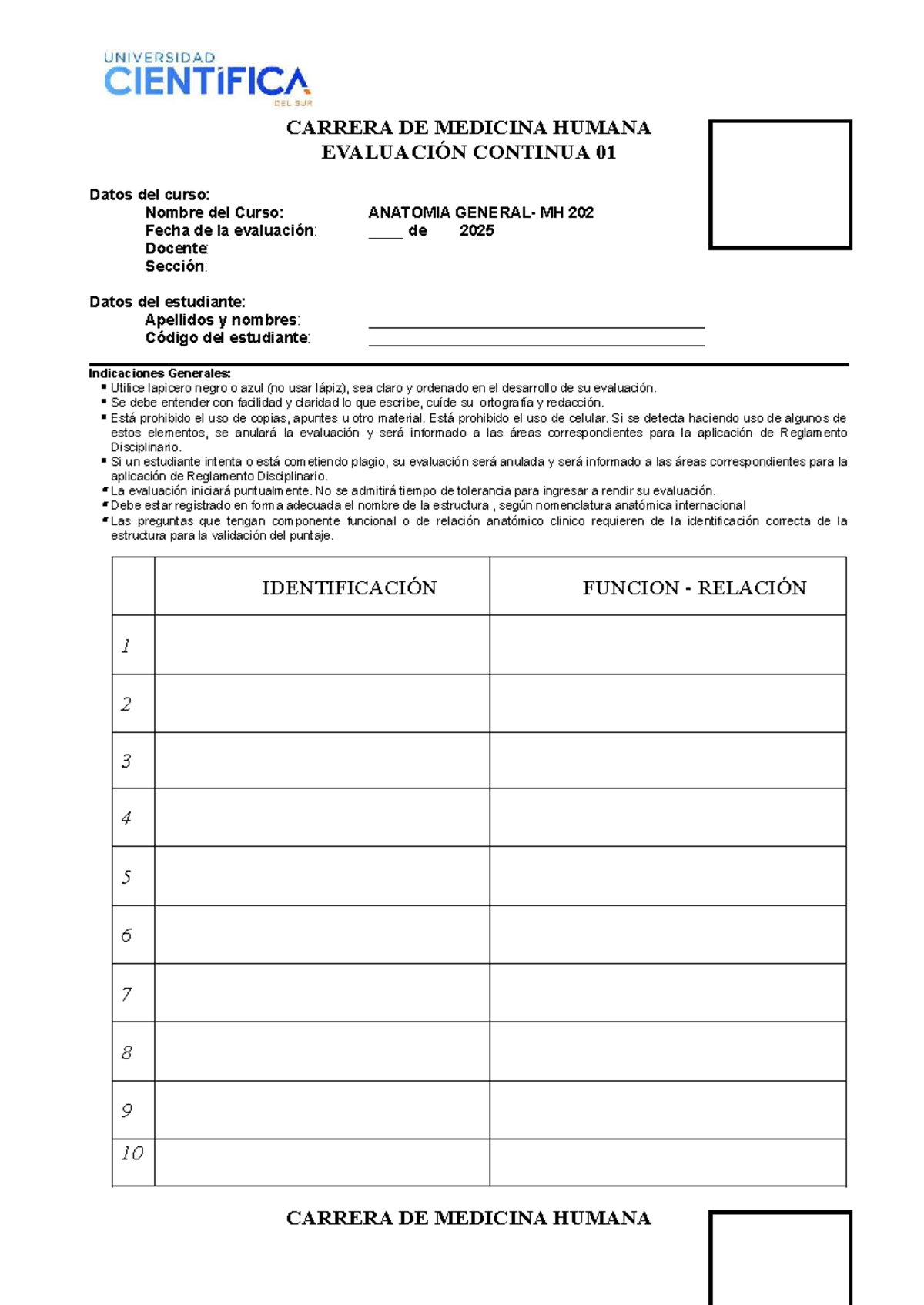 Evaluación Continua 01 - Anatomía MH 202 - Carrera de Medicina Humana ...