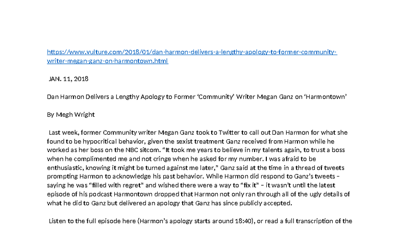 Dan Harmon Apology to Megan Ganz: Reflection and Response - Studocu