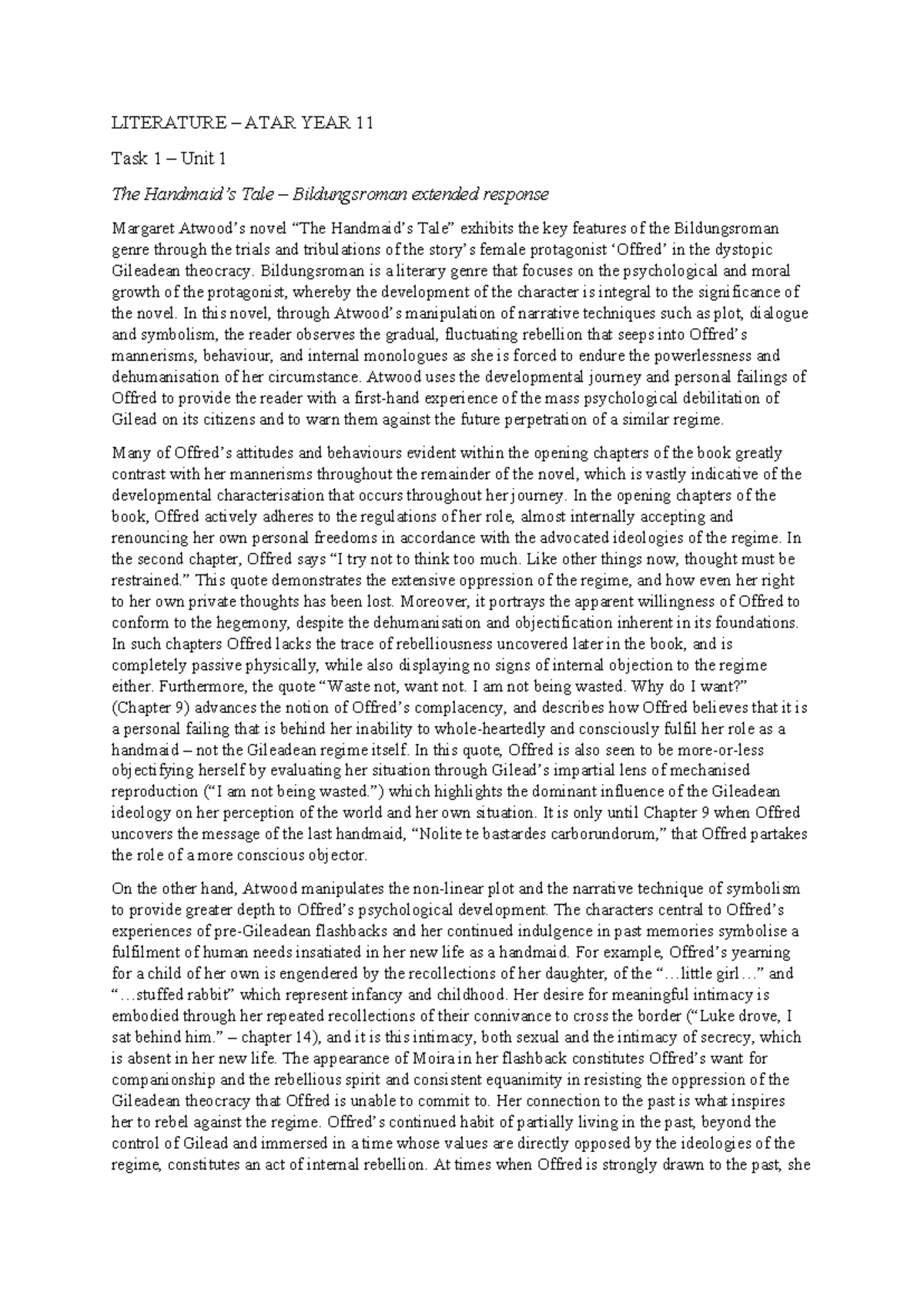 The Handmaid's Tale (ATAR Year 11) - Essay on Bildungsroman Elements ...