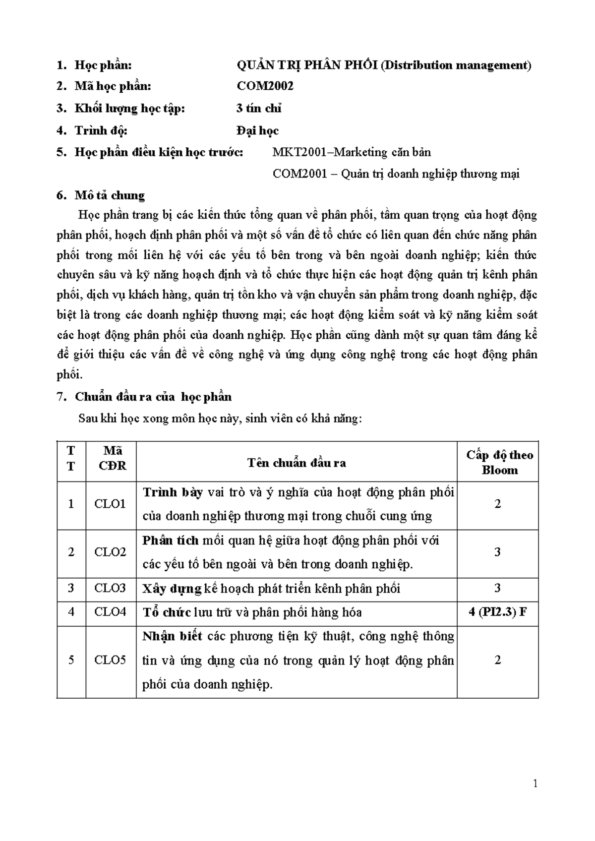 QUẢN TRỊ PHÂN PHỐI (COM2002) - Syllabus 2024 và Chuẩn Đầu Ra - Studocu