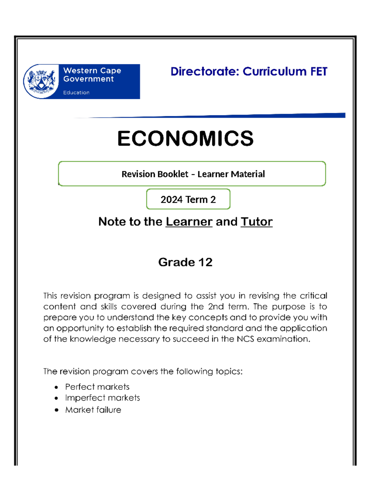 Economics Gr 12 T2 2024 Revision Guide for Learner Materials - Studocu