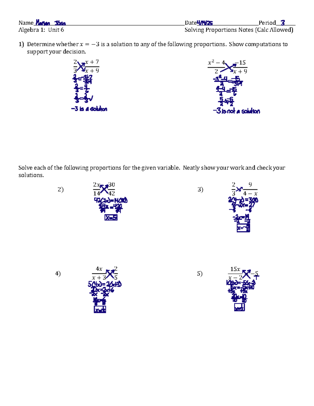 Algebra 1: Unit 6 Solving Proportions Notes (Calc Allowed) - Name Date ...