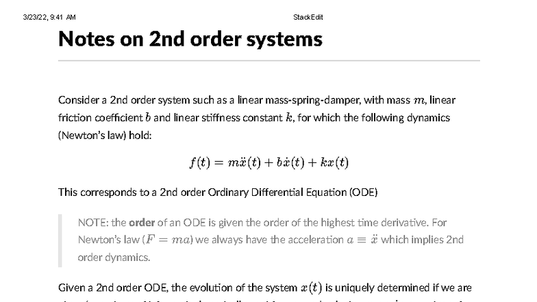 2022-03 2nd Order Systems: Dynamics and AC Analysis Notes - Studocu