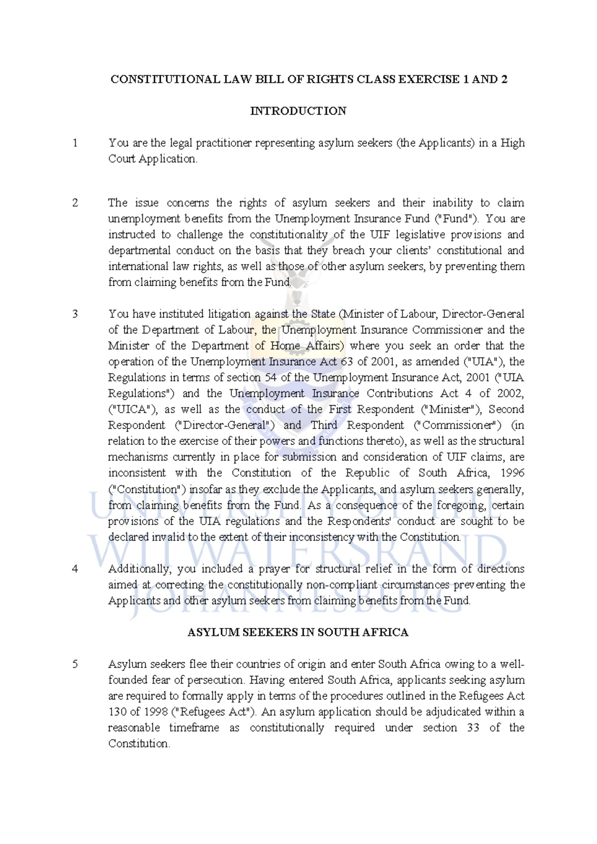 BOR Class Exercise 1 & 2: Constitutional Issues for Asylum Seekers ...