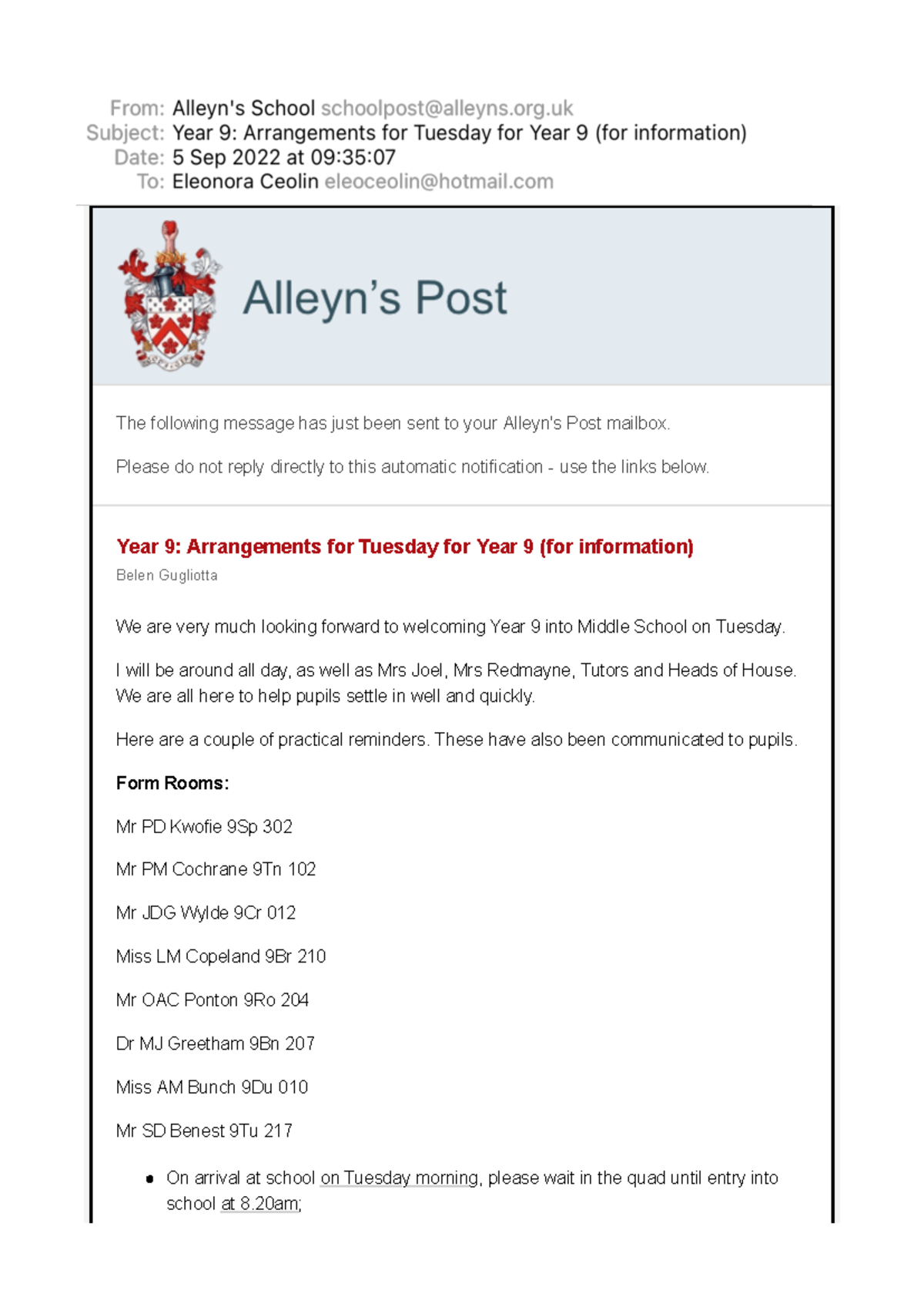 Year 9 Tuesday Arrangements: Back to School Info and Reminders - Studocu