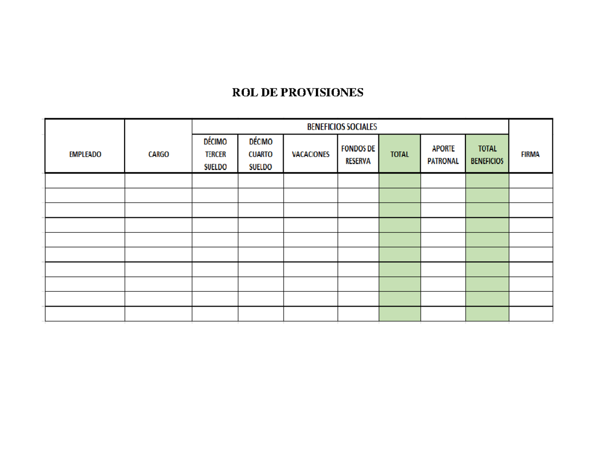 ROL DE Provisiones - Contabilidad de Costos - ROL DE PROVISIONES ...