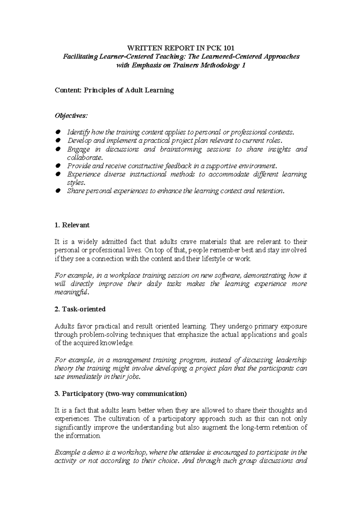 Principle OF Adult Learning Written Report IN PCK 101 - WRITTEN REPORT ...