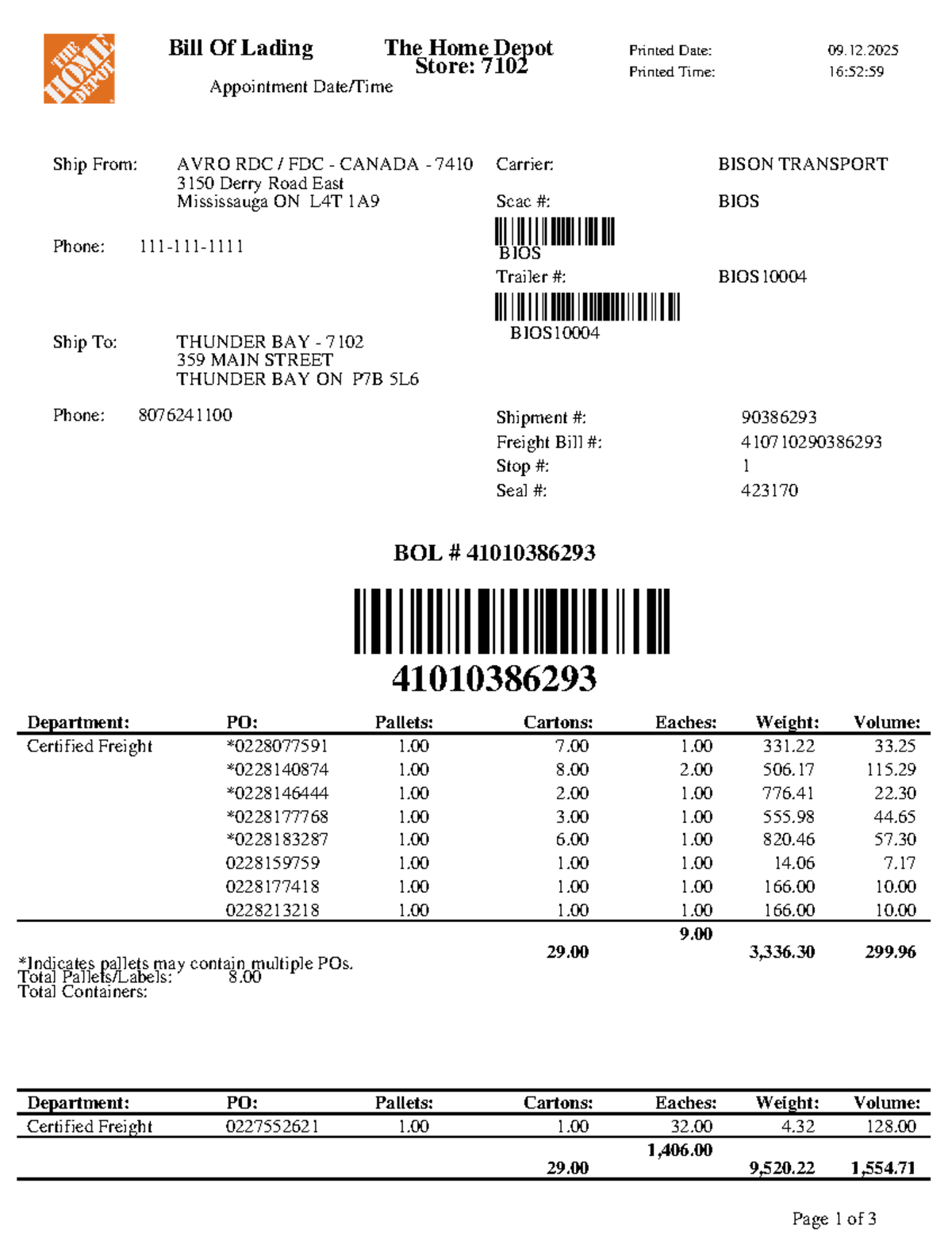 Bill of Lading for Home Depot Store 7102 - Bison Transport - Studocu