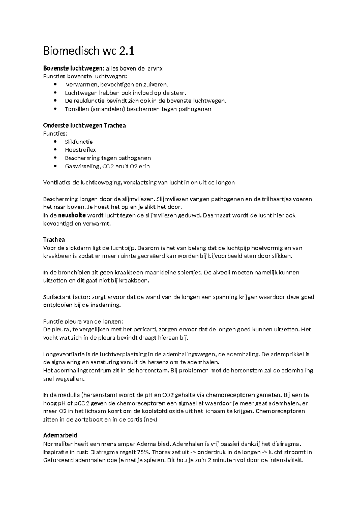 Biomedisch WC 2.1: Functies en Pathologie van de Luchtwegen - Studeersnel