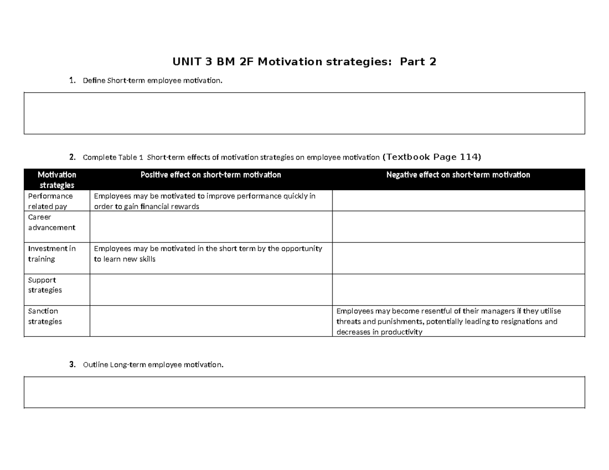 2F Motivation Strategies Worksheet: Effects on Employee Motivation ...
