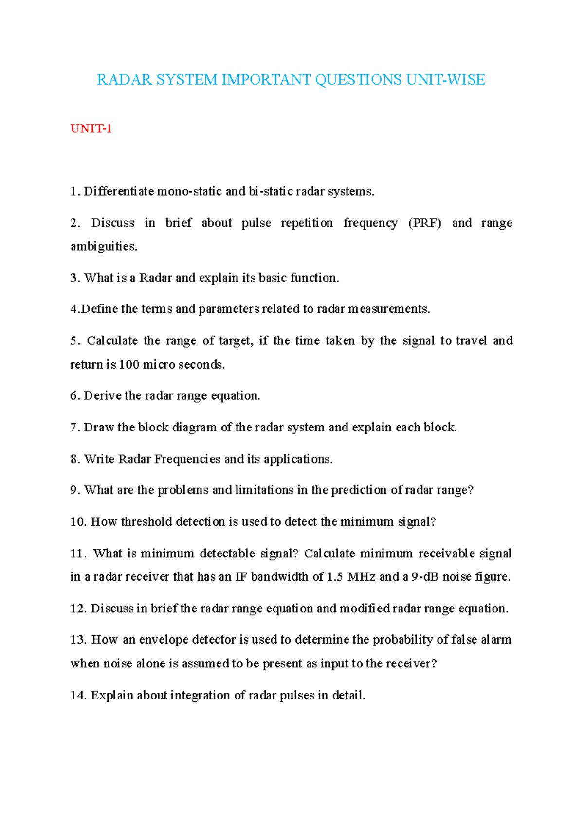 Radar System Important Questions for FINAL EXAM (UNIT-WISE) - Studocu