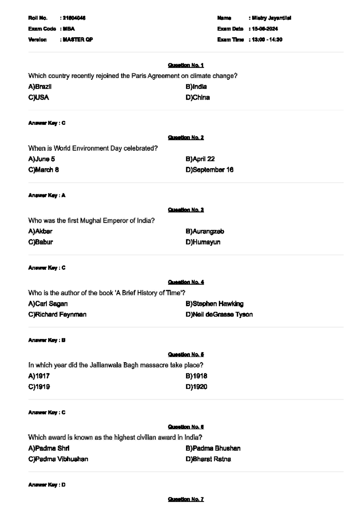MBA Final Exam Answer Key for NFAT 2024 - Studocu