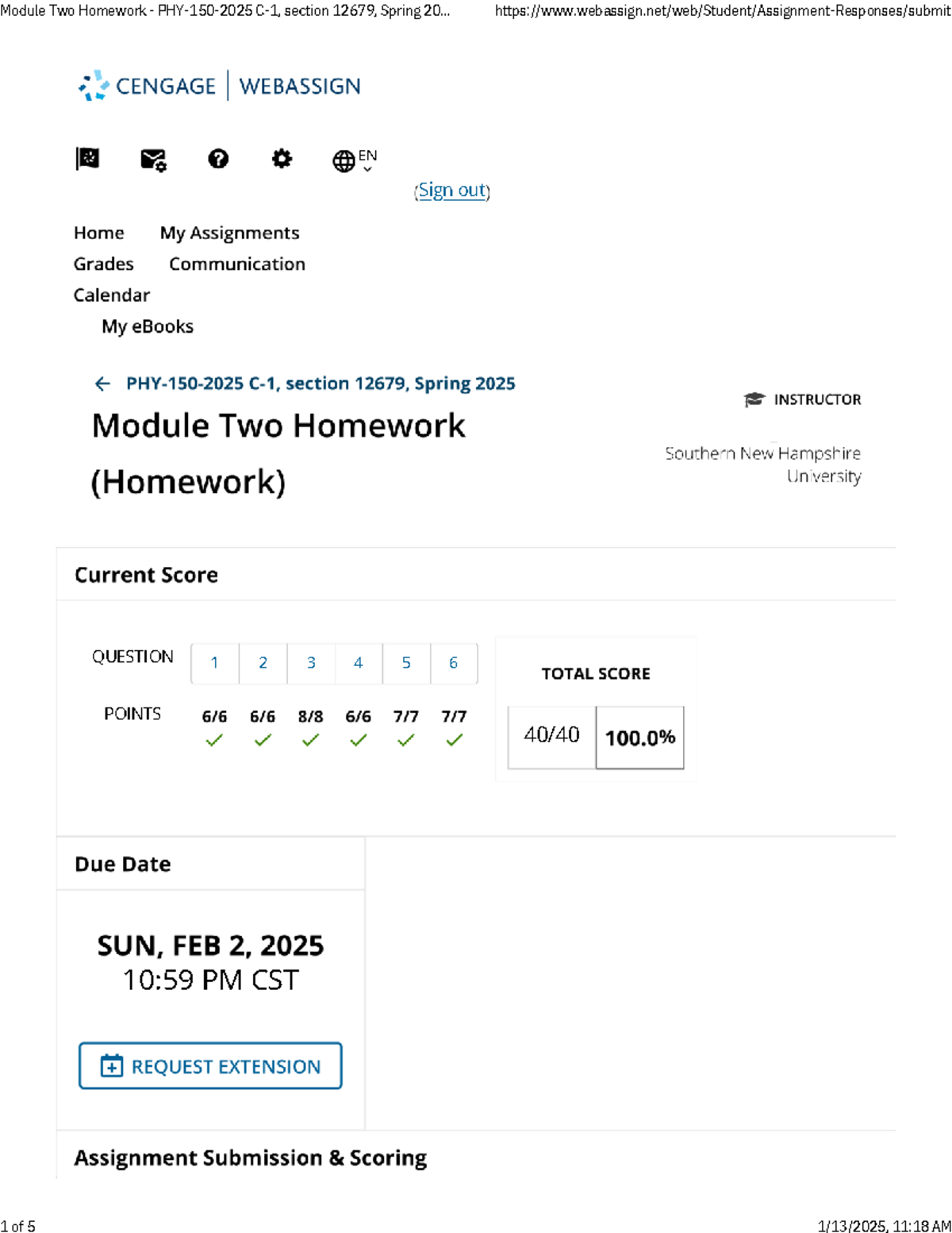 Module Two Homework - PHY-150-2025 C-1, section 12679, Spring 2025 Web Assign - EN Sign out ...