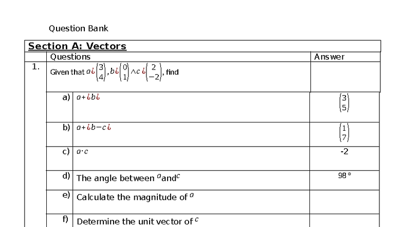Extension 1 Maths Question Bank Term 1: Vectors & Induction - Studocu