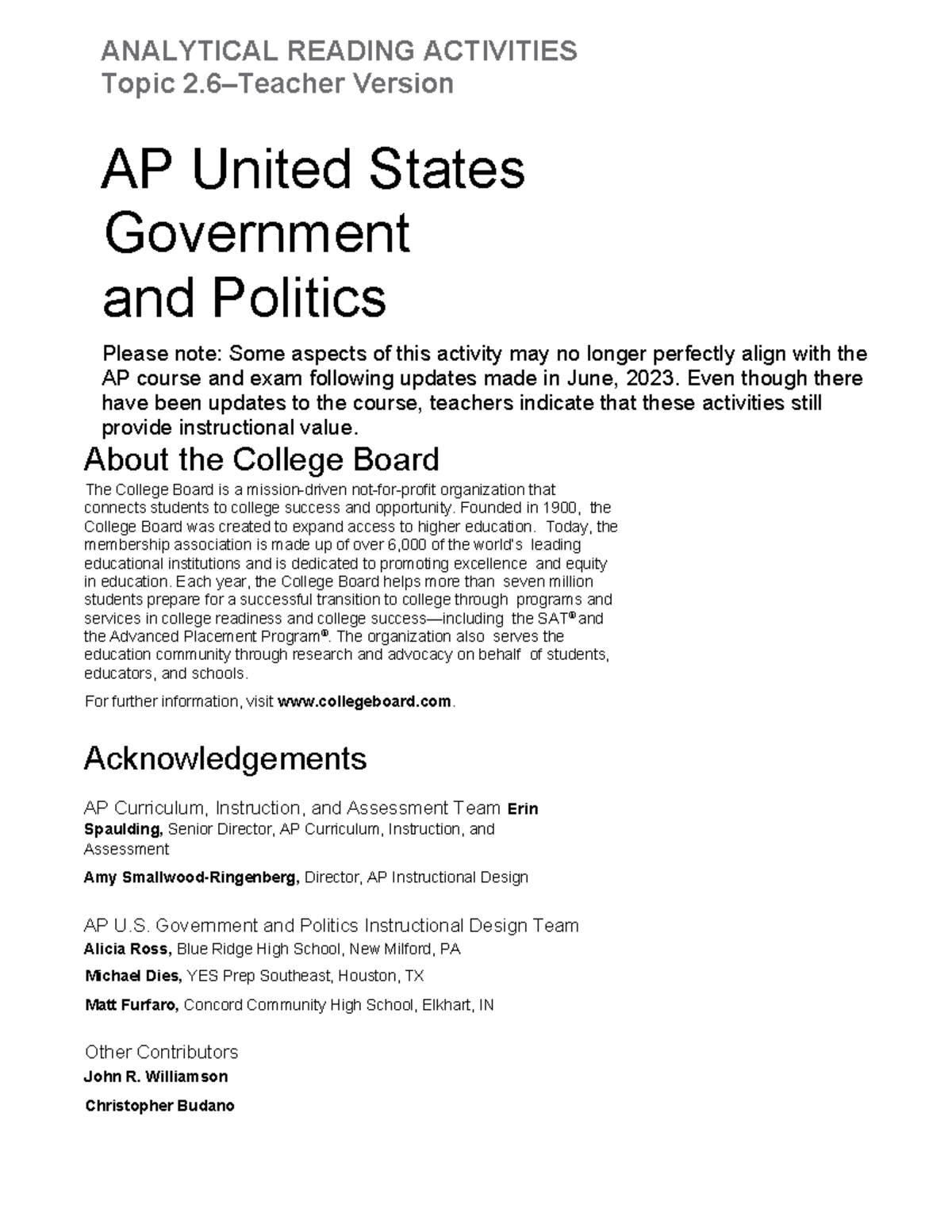 AP U.S. Government and Politics Analytical Reading Activities - Topic 2 ...