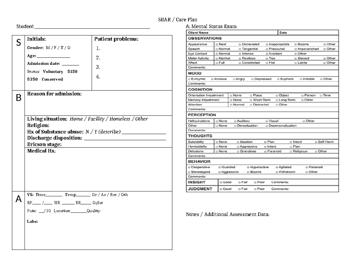 BAP Daily Assessment Tool - SBAR / Care Plan Student A: Mental Status ...