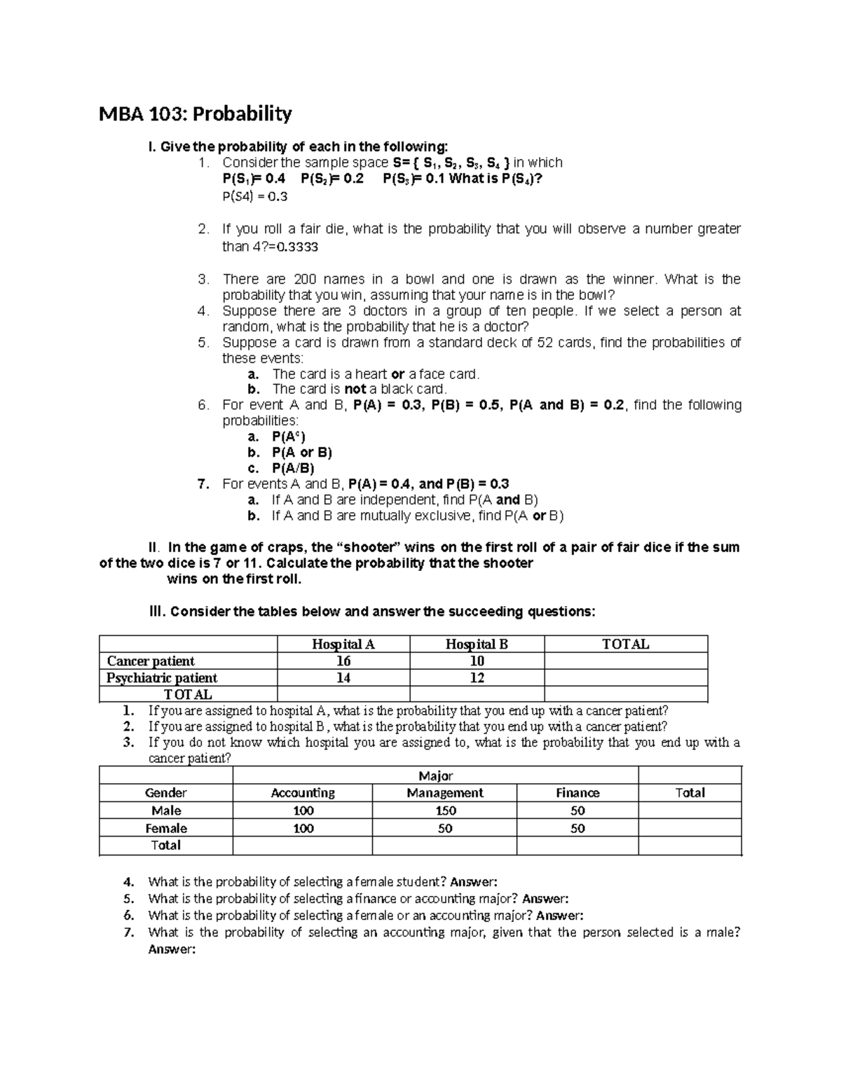 MBA 103: Probability I - Lecture Notes and Exercises - Studocu