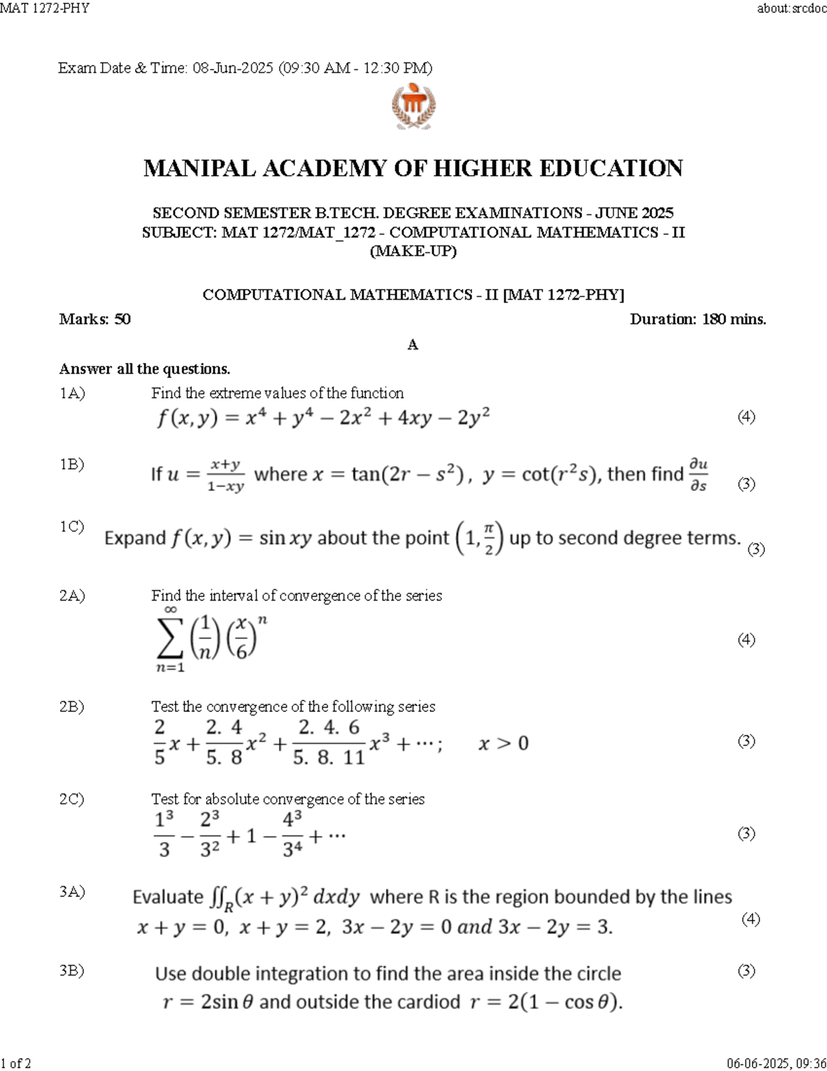 Final Exam MAT 1272 - Computational Mathematics II - Studocu