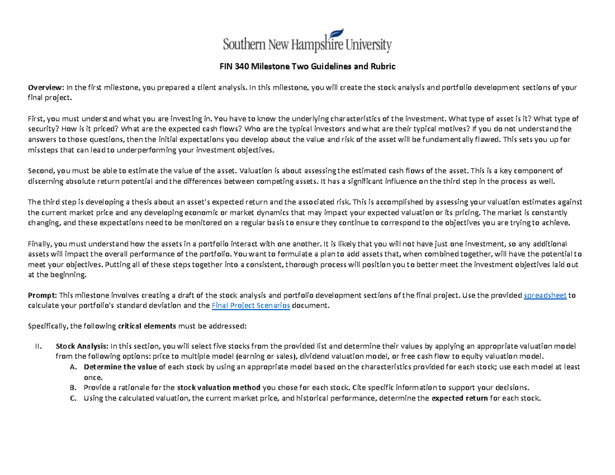 Upload - Instructions - FIN 340 Milestone Two Guidelines and Rubric ...