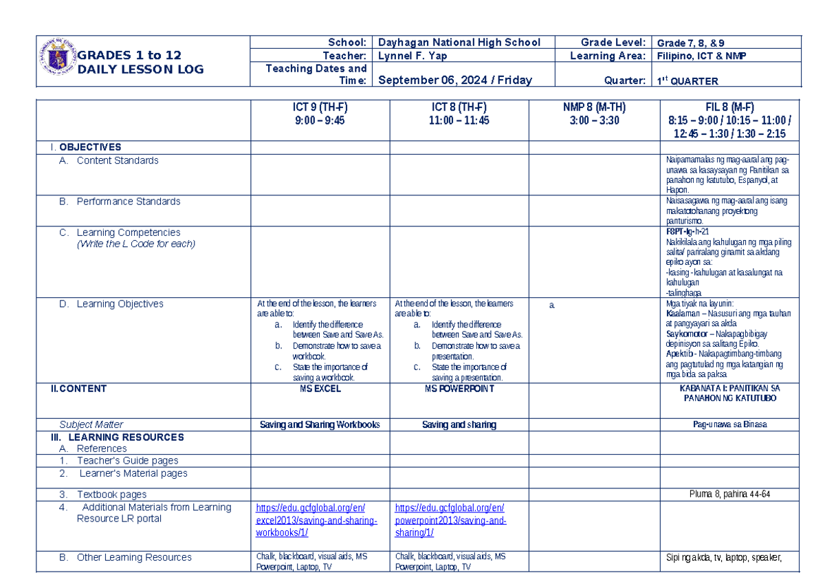 DLL 09 - Daily Lesson Log - GRADES 1 to 12 DAILY LESSON LOG School ...