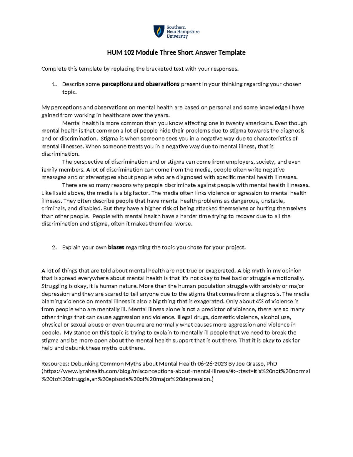 HUM 102 Module 3 Short Answer Responses on Mental Health Stigma - Studocu