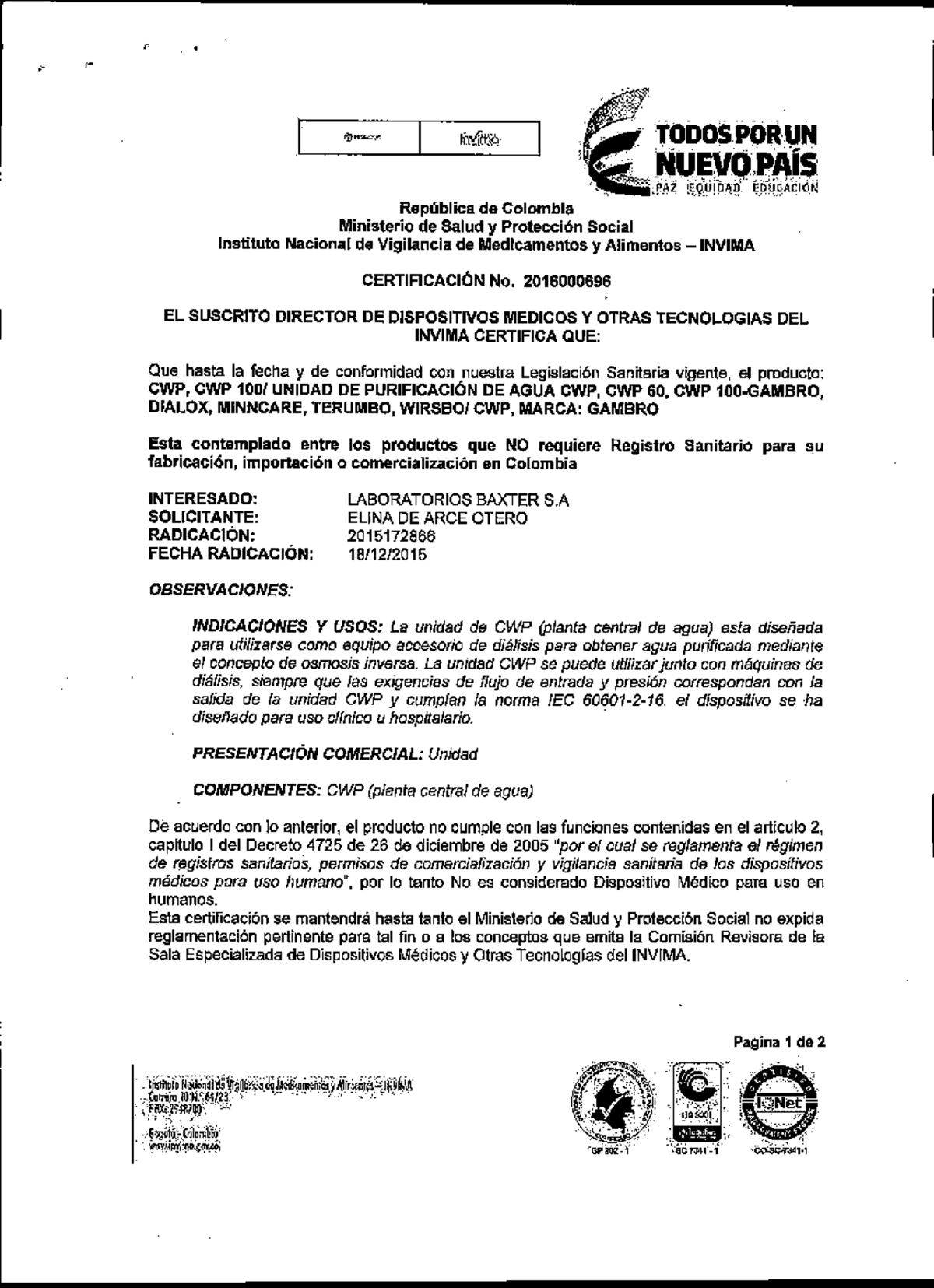 Certificación INVIMA 2016: Planta de Agua CWP No Requiere Registro ...