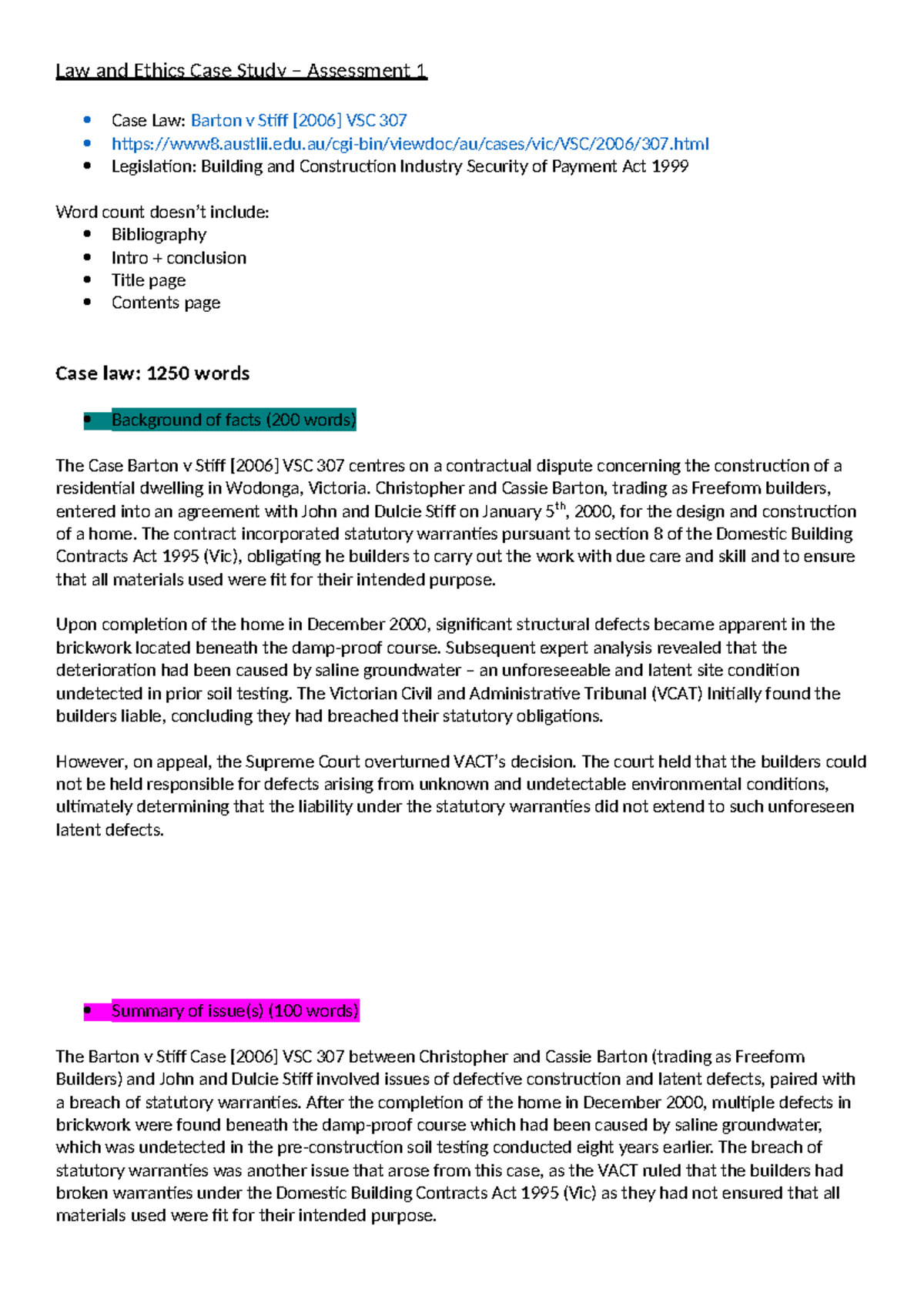 Law and Ethics Case Study: Barton v Stiff VSC 307 Analysis - Studocu