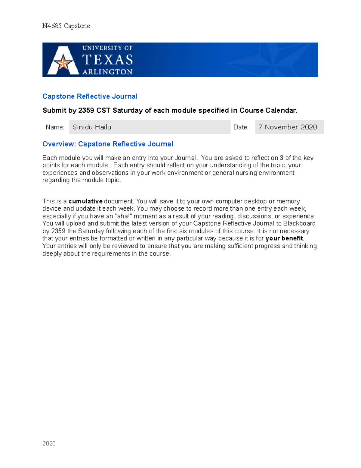 Capstone Journal Template.2020 solved - Capstone Reflective Journal ...