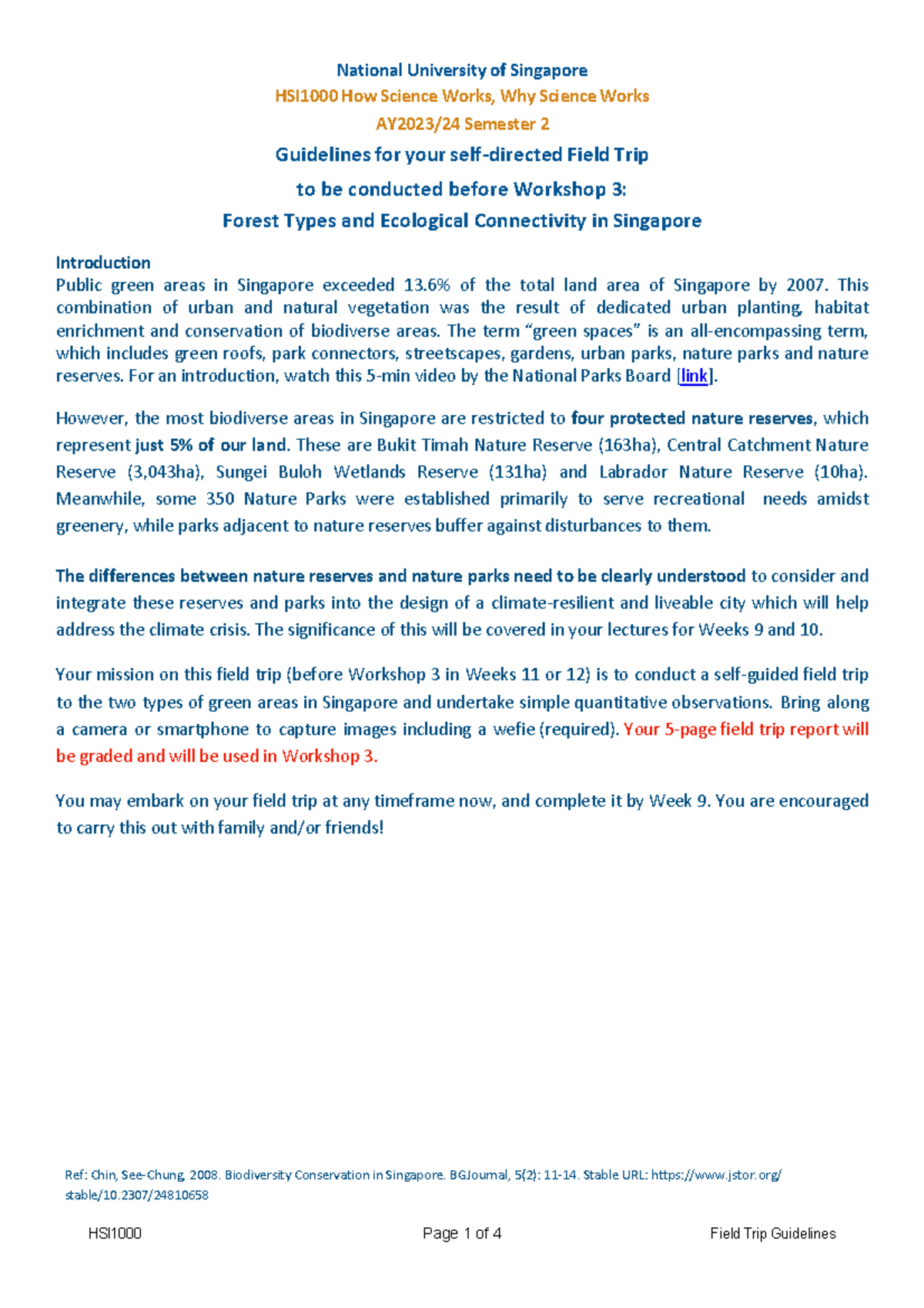 HSI1000 Assignment 3 - Field Trip Guidelines (Nature Reserves & Parks ...