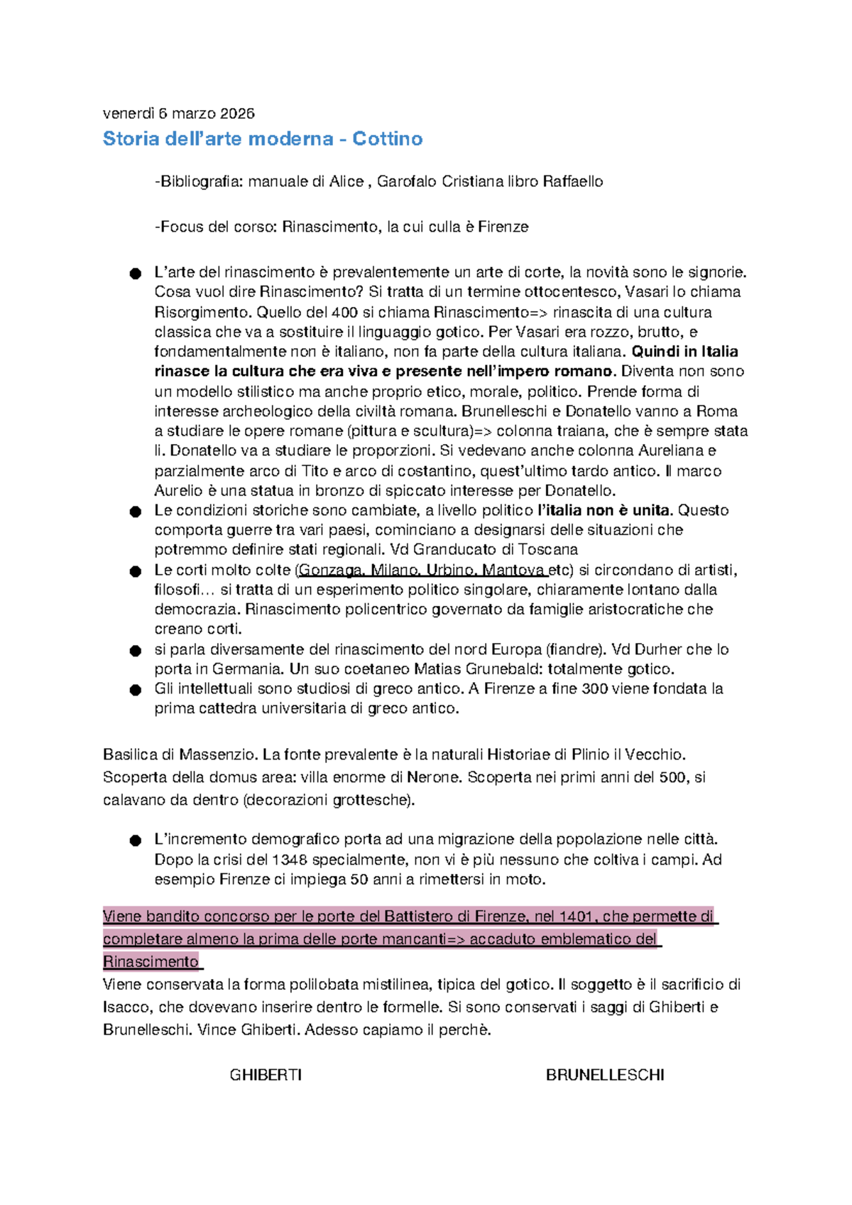 Lez. 1 - Appunti di Storia Moderna (Rinascimento) - Prof. Cottino - Studocu