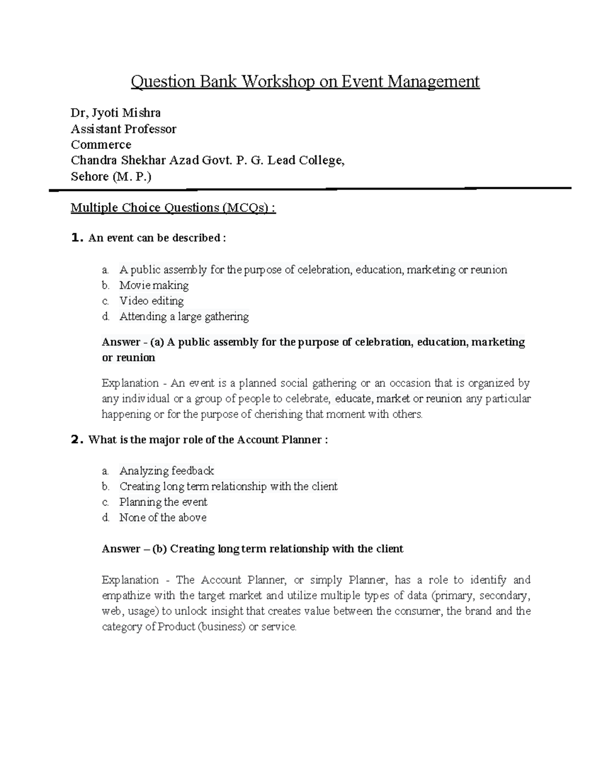 Final Exam MCQs for Event Management Course (EM 101) - Studocu