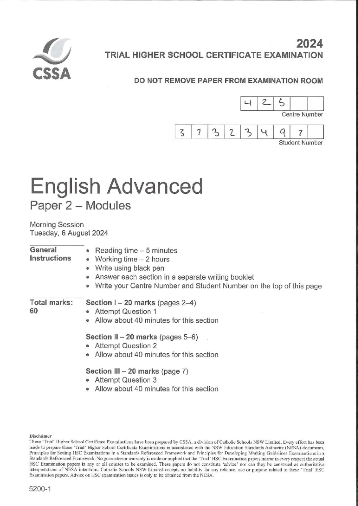 2024 HSC Trial Exam: English Advanced Paper 1 - Human Experiences - Studocu