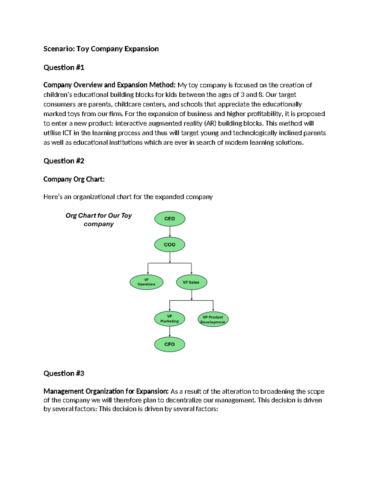 Assignment-3 VALUE - Scenario: Toy Company Expansion Question Company ...