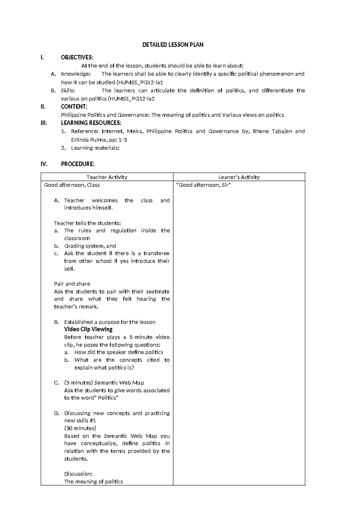 HUMSS_PG12: Lesson Plan on Meaning and Views of Politics - Studocu
