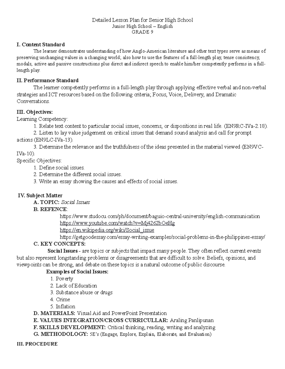 JHS DEMO - Lesson Plan on Social Issues (5Es) for Grade 9 - Studocu
