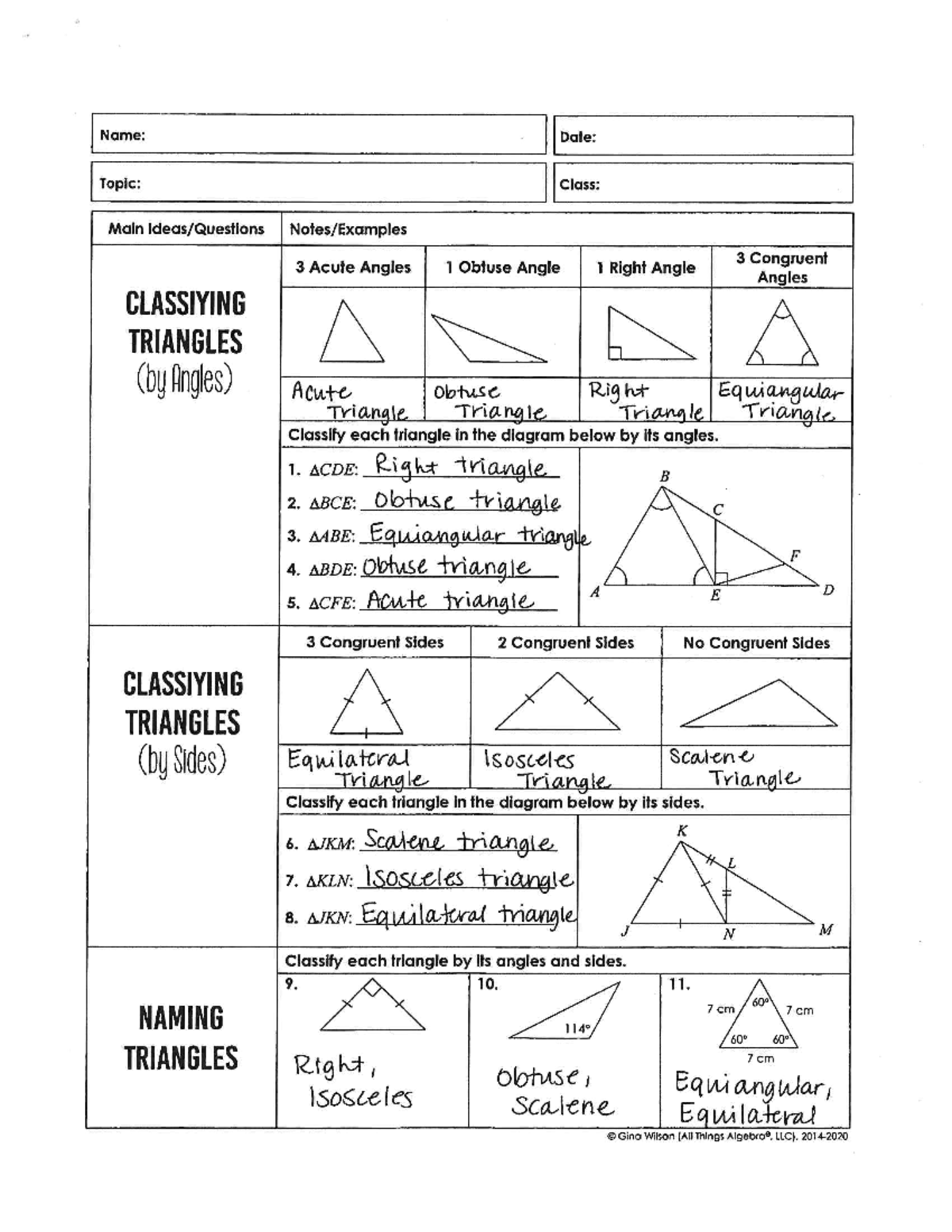 4-1+Classifying+Triangles+Notes+Key - Name: Date: Topic: Class: Main 3 ...
