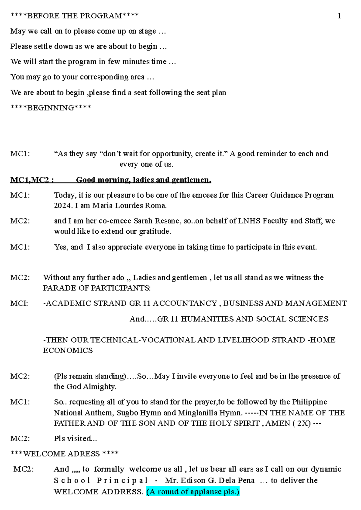 Emcee Script for Career Guidance Program CGP 2024 - Studocu