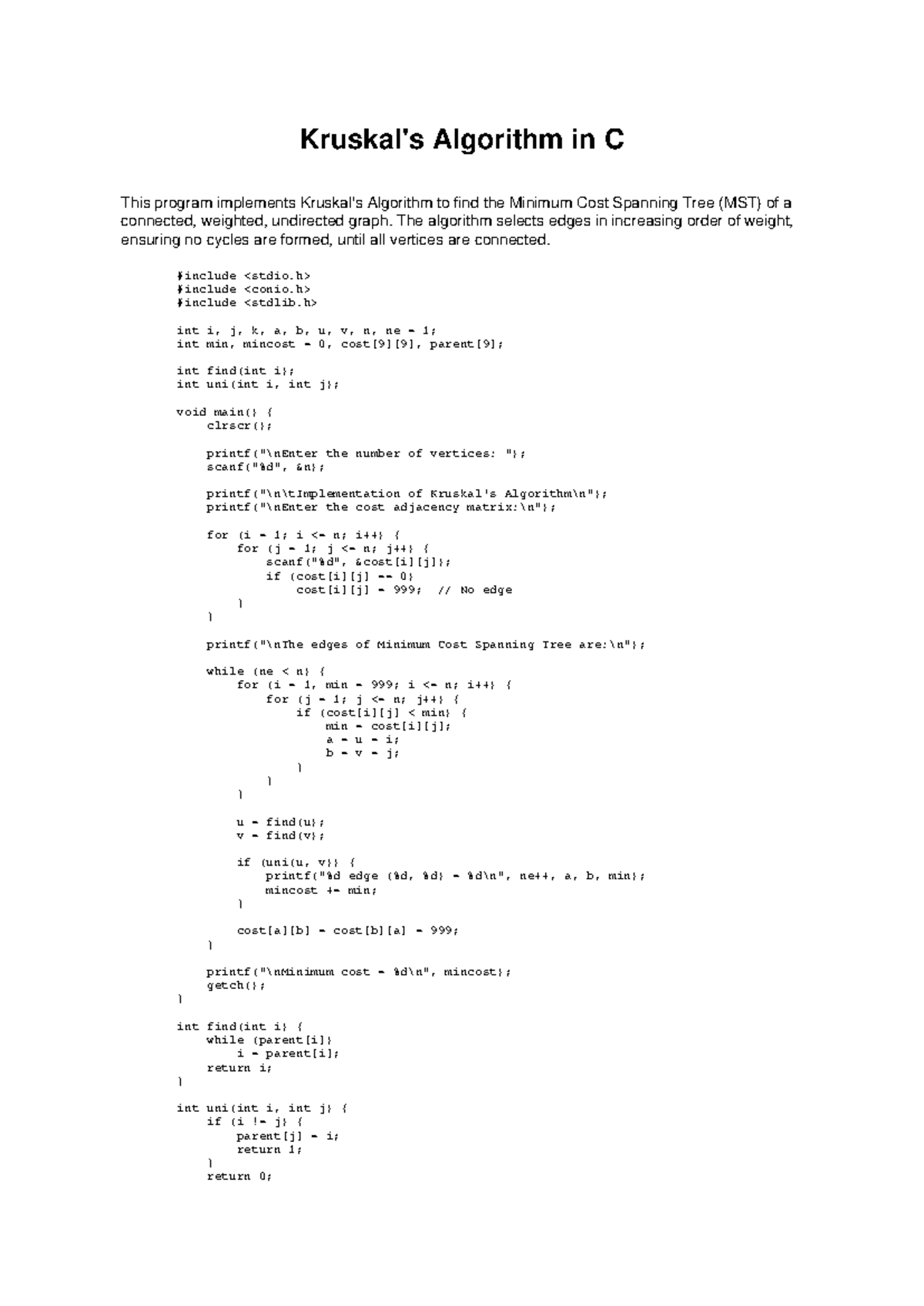 Kruskal's Algorithm Implementation in C for MST - Studocu