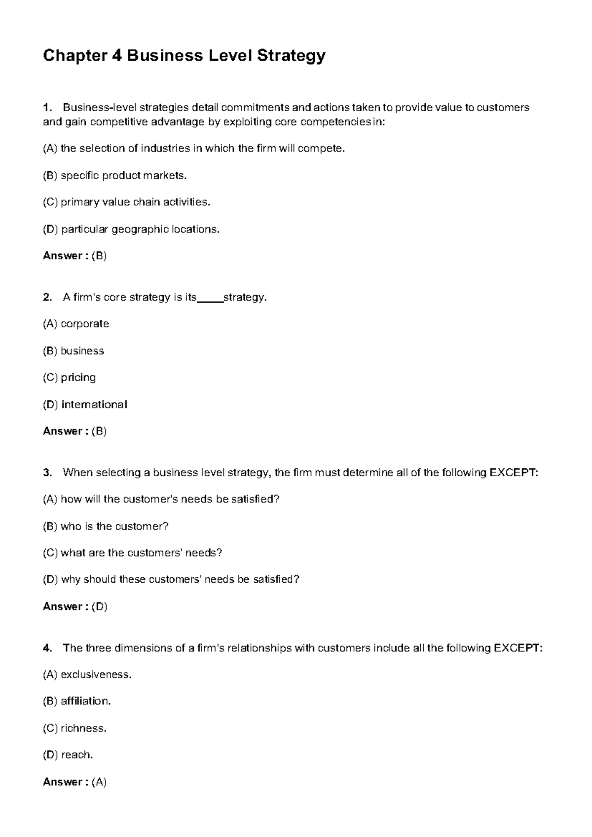 Chapter 4 Business Level Strategy: Key Concepts and Insights - Studeersnel