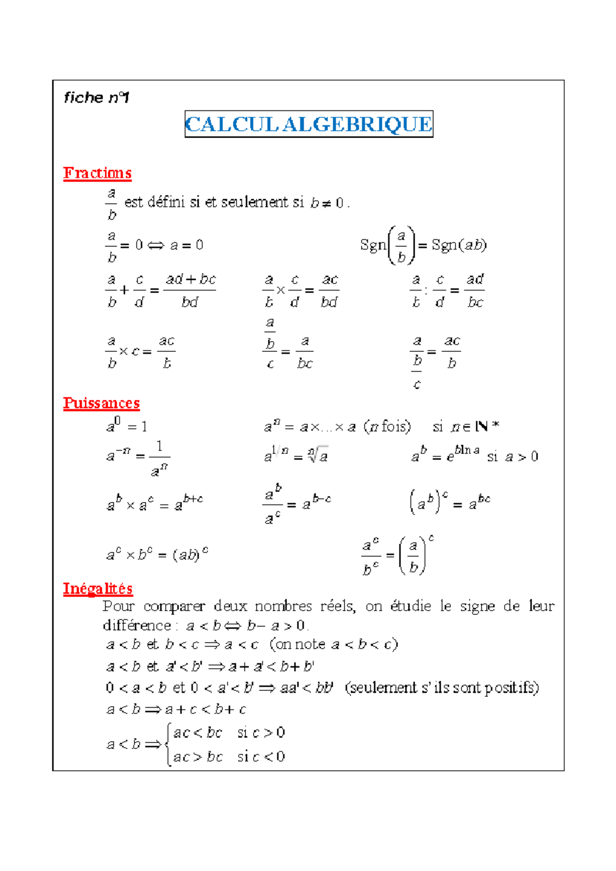 Calcul Algébrique - Cours sur les Fractions et Inégalités - Studocu