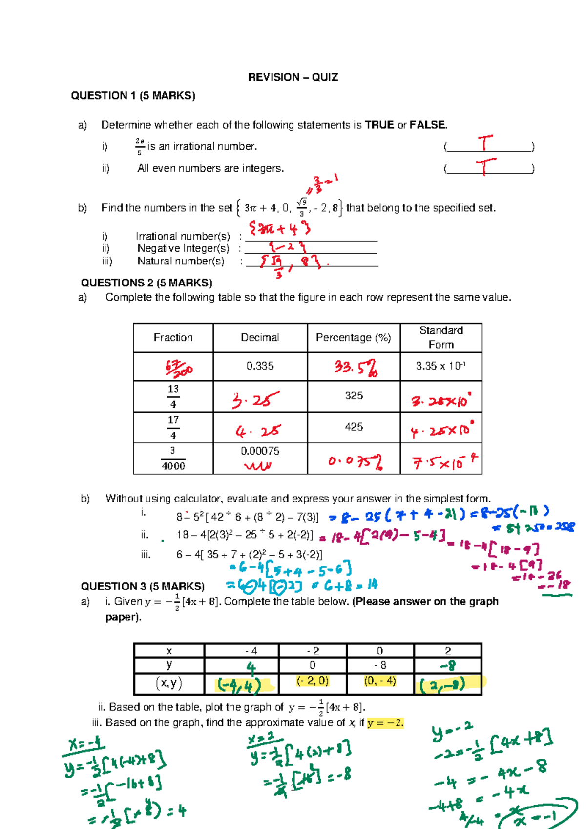 REVISION QUIZ - MATH 101: TRUE/FALSE & TABLE EVALUATION - Studocu