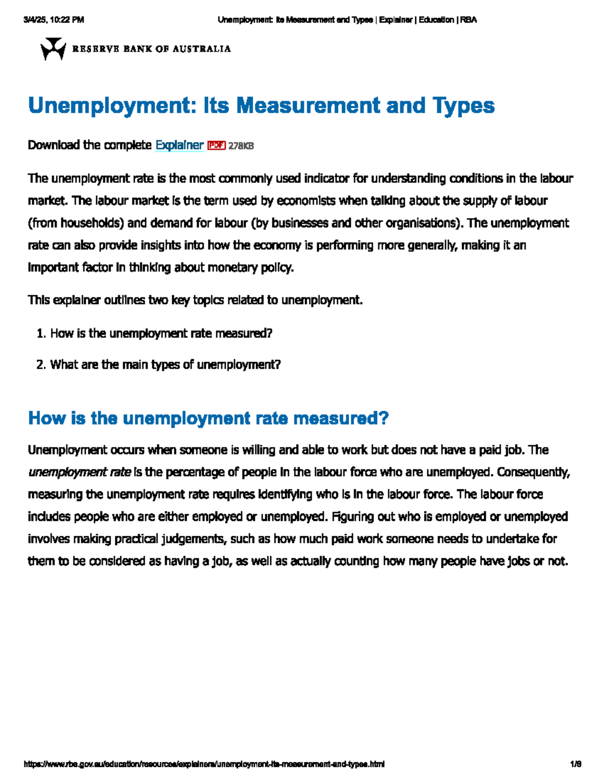 Unemployment: Measurement & Types Explainer | RBA Education - Studocu