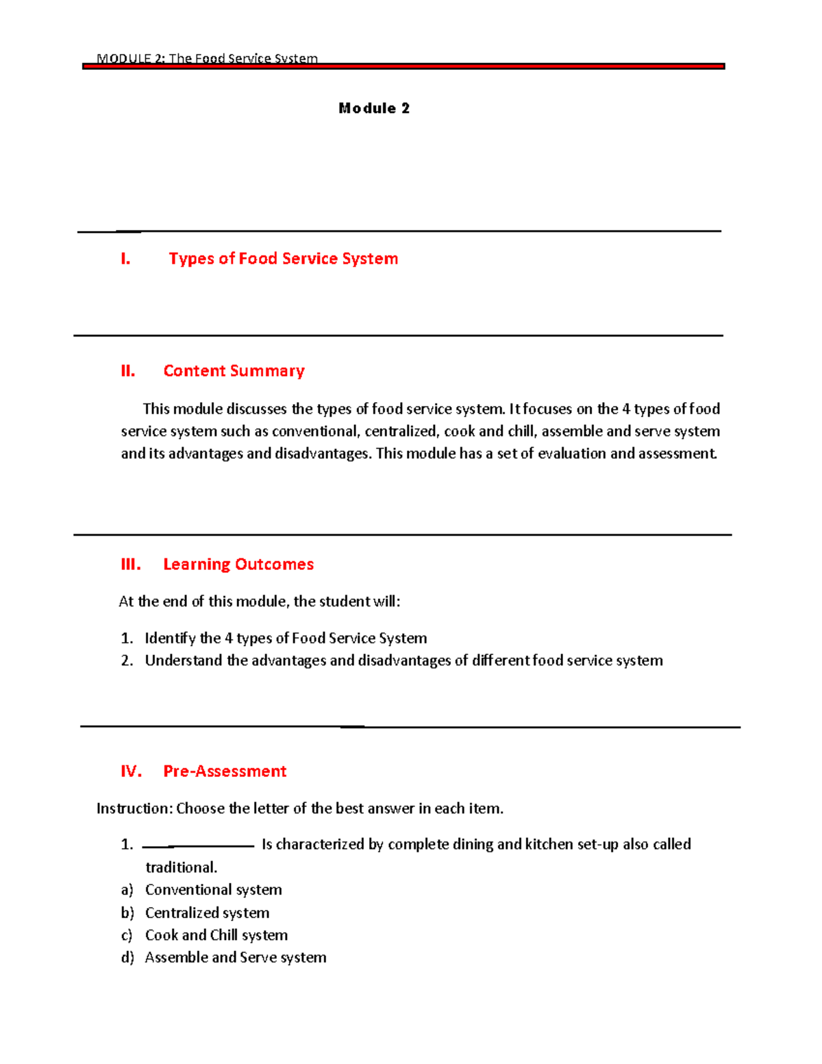 Food Service Systems - Module 2 Lecture Notes - Studocu