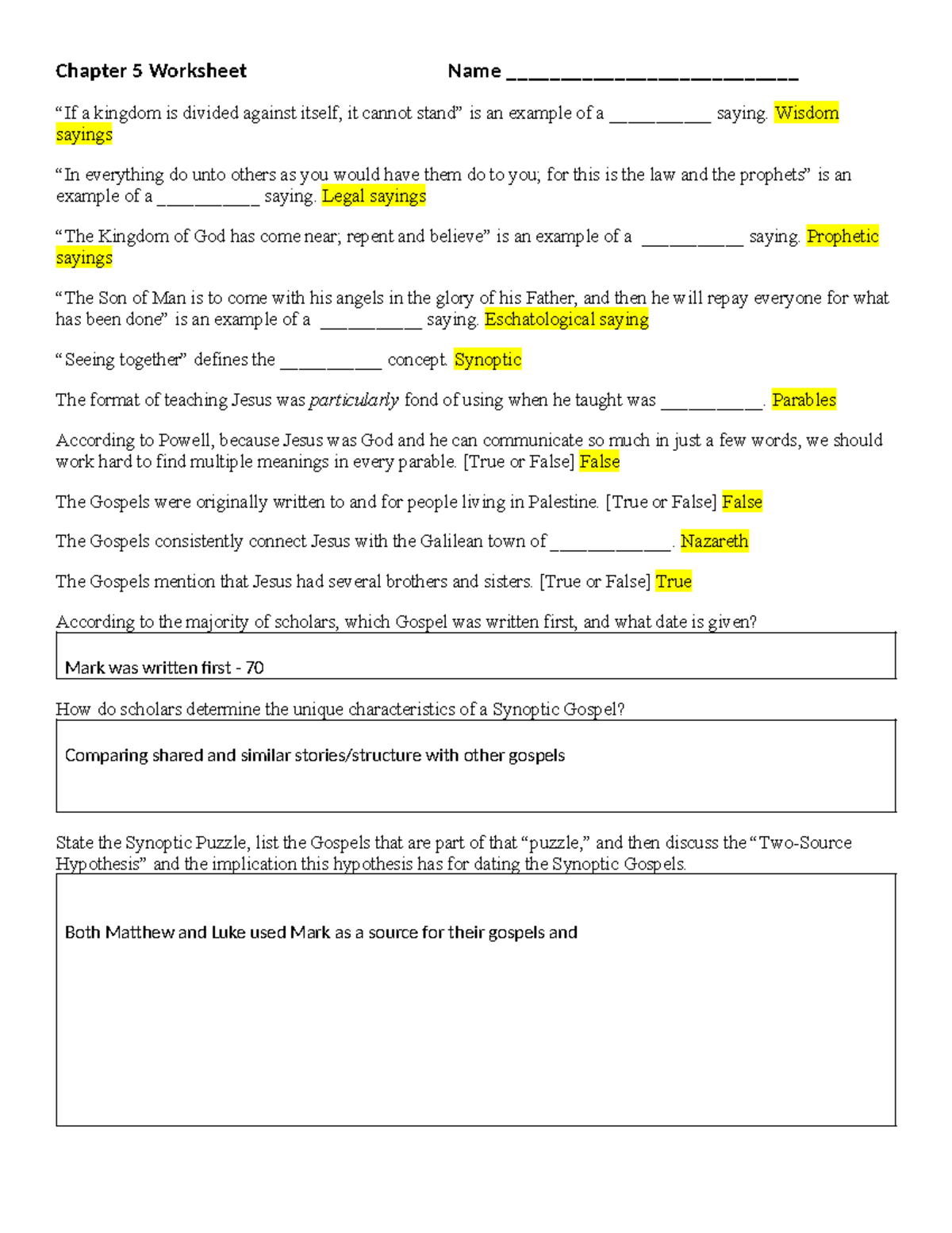 Chapter 5 Worksheet: Synoptic Gospels & Jesus' Teachings - Studocu
