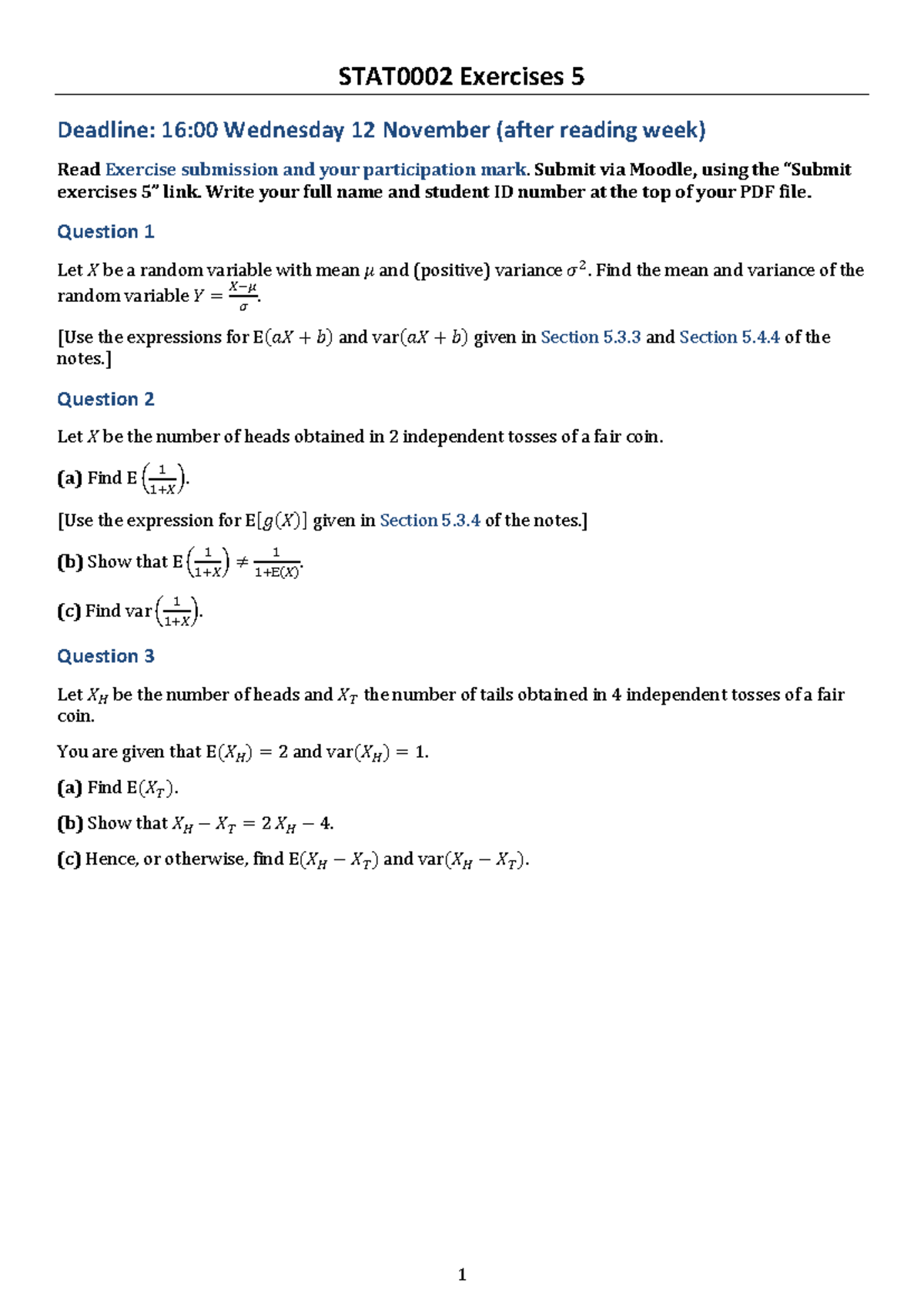 Exercises 5: Random Variables & Coin Tosses - Submission Info - Studocu