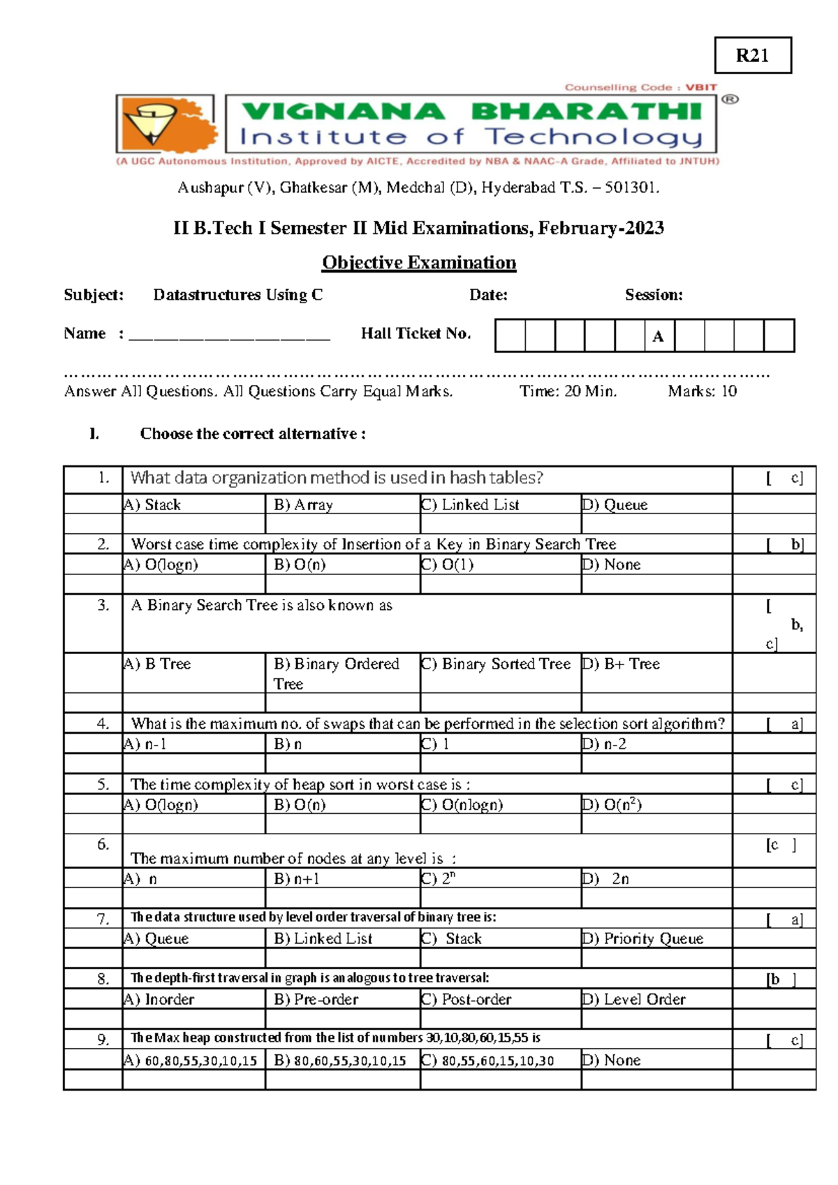 II B.Tech I Sem II Mid Exam: Data Structures Objective Questions - Studocu