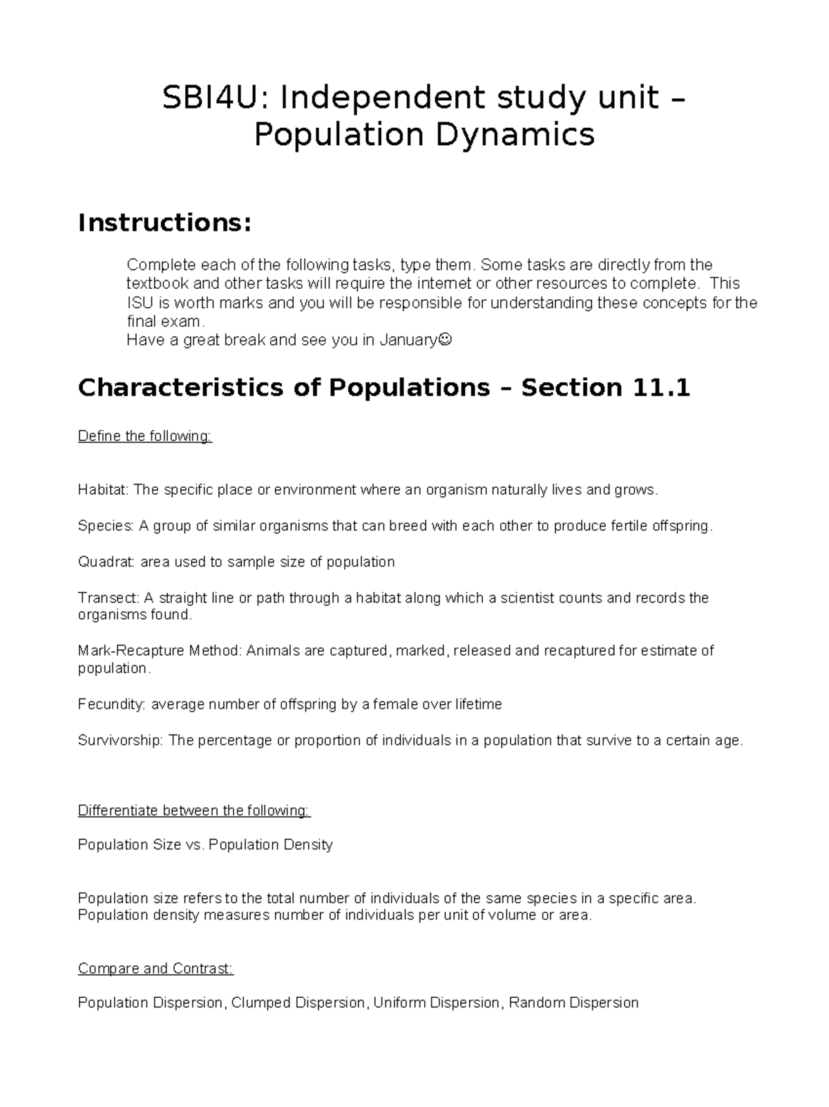 SBI4U: Population Dynamics Independent Study Unit Guide 2025 - Studocu